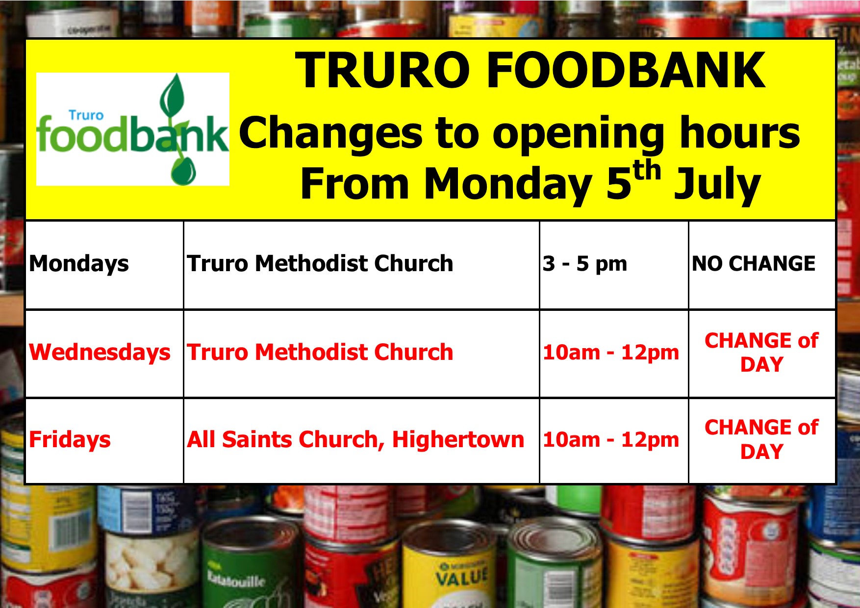 Changes to opening times | Truro Foodbank